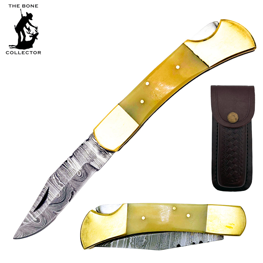 5" Bone Collector Damascus Blade Folding Knife with Leather Sheath ...